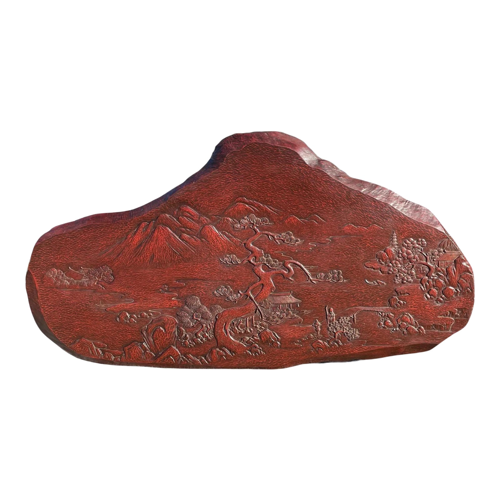 Monumental Japanese Bas Relief Carving on Natural Wood Slab | Chairish