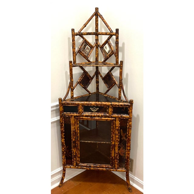 Antique English Tortoise Bamboo Corner Cabinet With Mirrors | Chairish