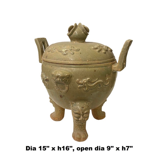 Chinese Vintage Handmade Clay Pottery Dragon Ding Holder Pot | Chairish