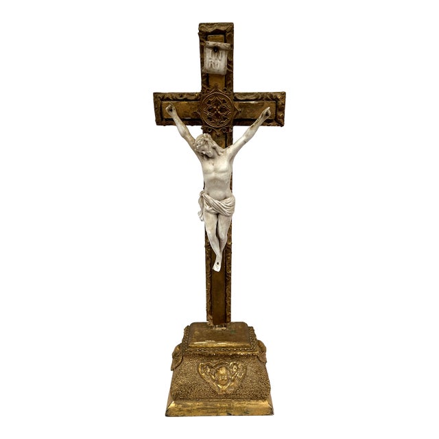 Early 20th Century Antique German Folk Art Carved Cross With Porcelain ...