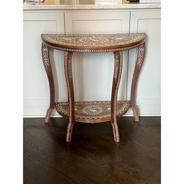 Vintage Indian Bone Hand Inlay Elephants Ornate Console Table | Chairish