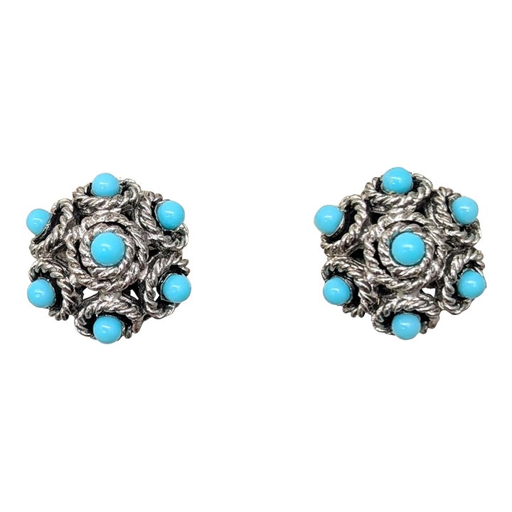Vintage 1960s Signed Crown Trifari Silvertone Cabochon Faux-Turquoise ...