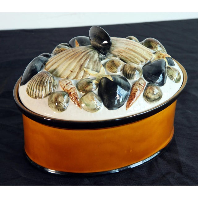 Vintage Majolica Ceramic Shellfish Lidded Casserole Serving Bowl | Chairish