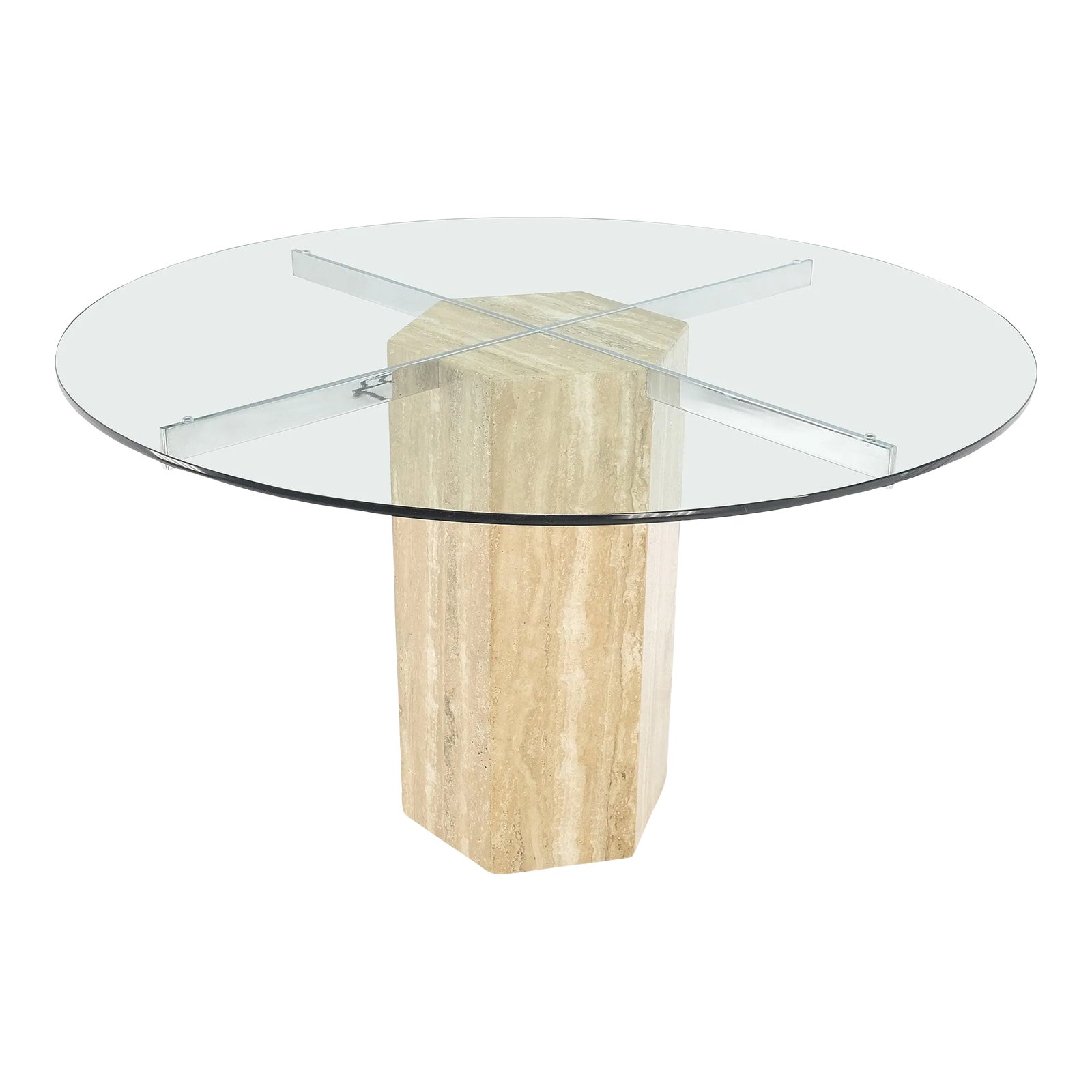 Italian MCM Travertine Hexagon Base Round Glass Top Dining Dinette ...