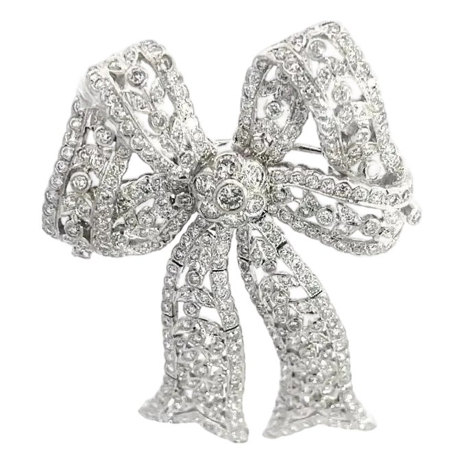 Diamond Gold Brooch Vintage Ribbon Bow 18k White Movable Ends 4 carat ...