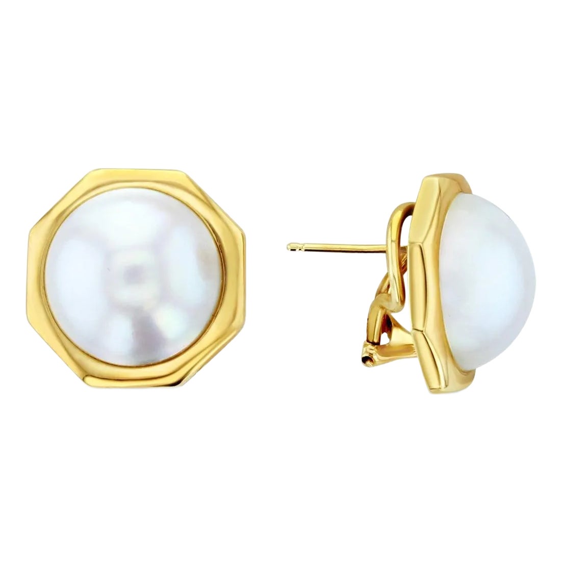 Octagon Shaped Mabe Pearl Earrings 14k Yellow Gold, 2 Pieces | Chairish
