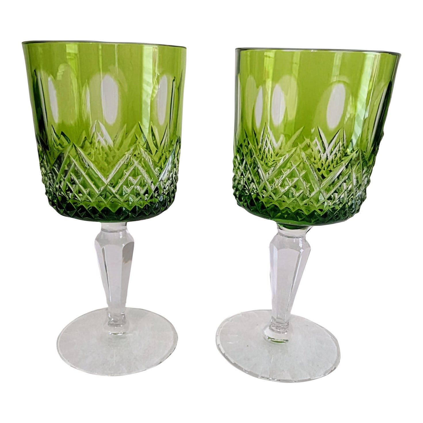 1970s Beyer Kristallglas Emerald Green Cut-To-Clear Crystal Hock Wine Glasses- Set of 2 | Chairish