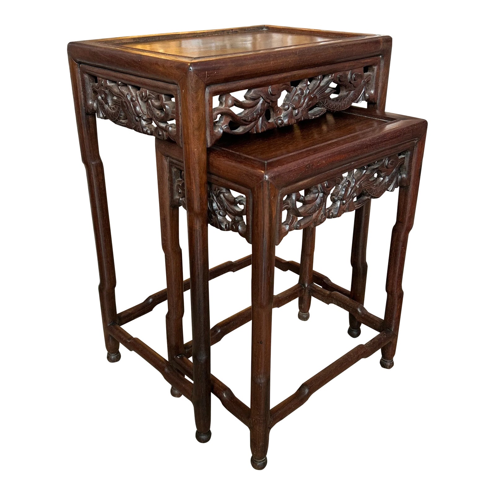 Asian Cherrywood Carved Nesting Tables a Pair | Chairish