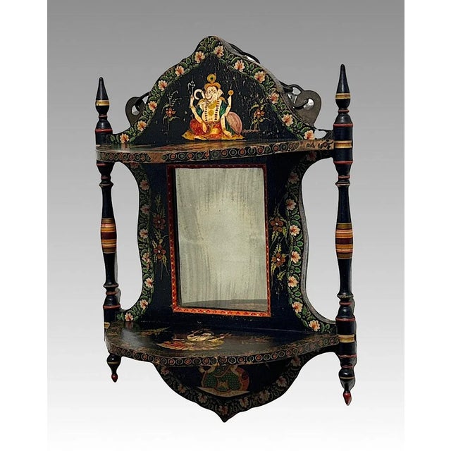 Anglo Indian Hand Painted Black Wall Shelf With Mirror & Indian Gods ...