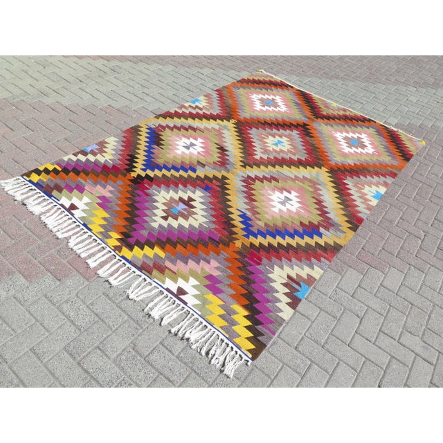 1960s Colorful Organic Wool Handmade Turkish Boho Kilim Rug | Chairish