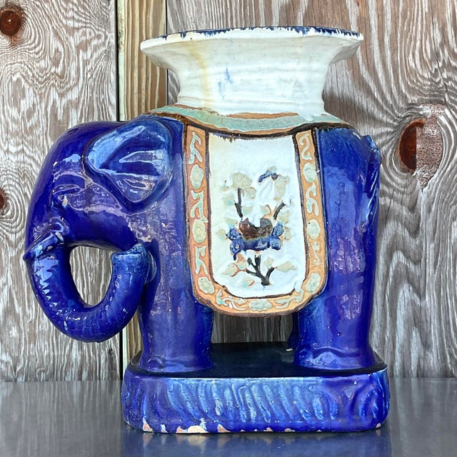 Vintage Boho Glazed Ceramic Elephant Stool | Chairish