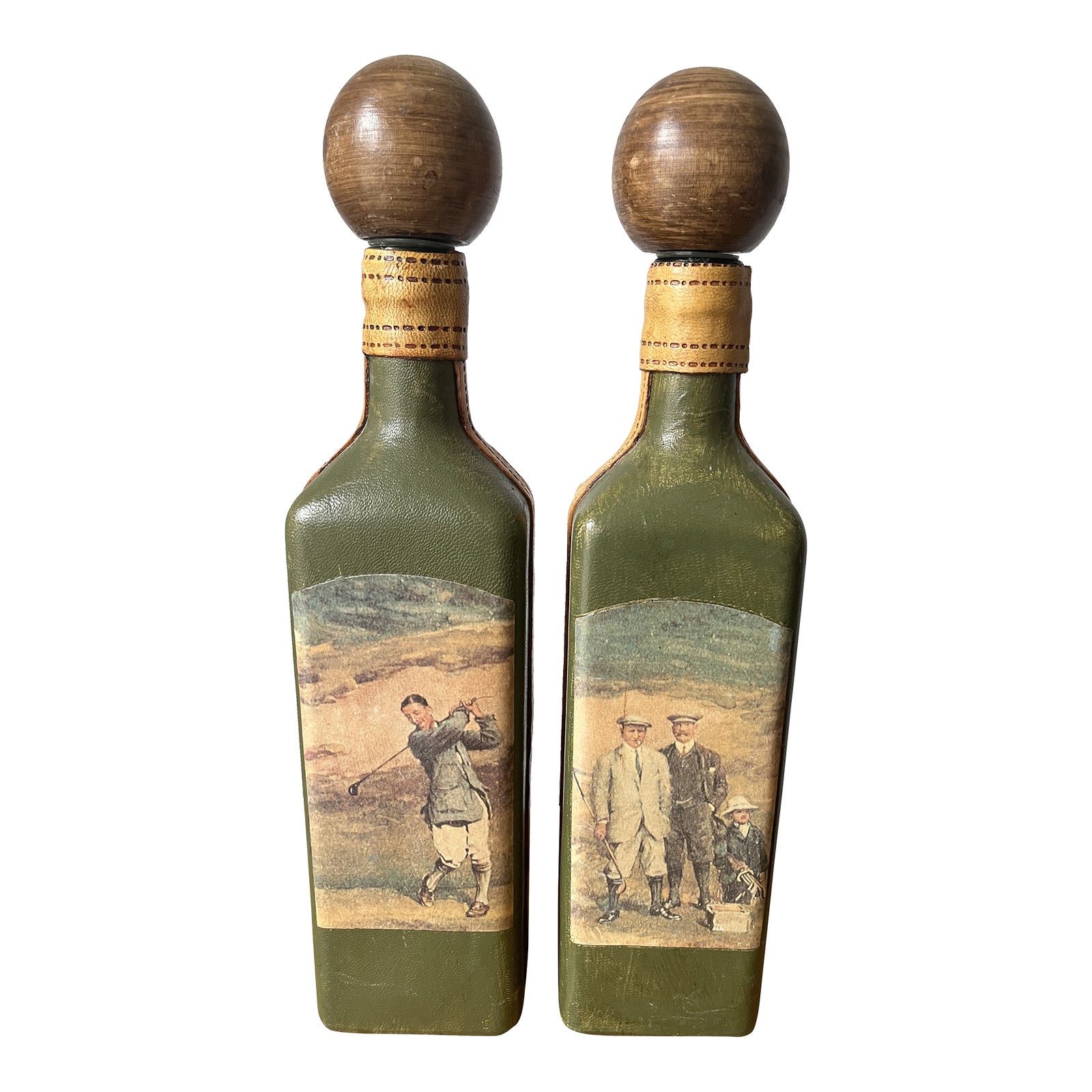 1960s Fausto Corduri Leather Wrapped Bottles - Set of 2 | Chairish