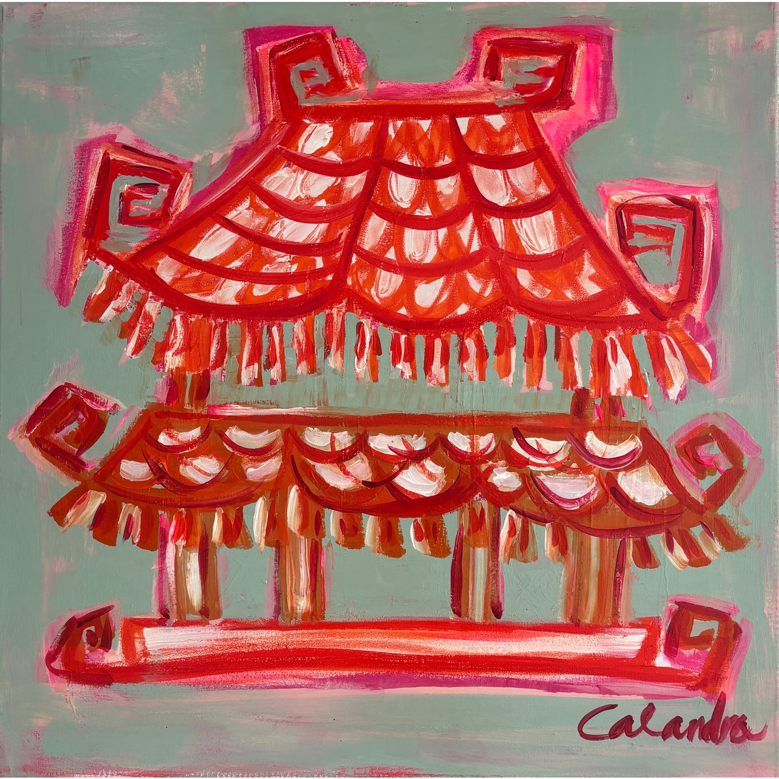 Pink and Green Pagoda, Original Painting by Amy Calandra | Chairish
