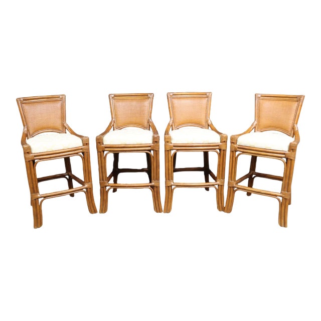 Palecek Set/4 Woven & Bamboo Barstools | Chairish