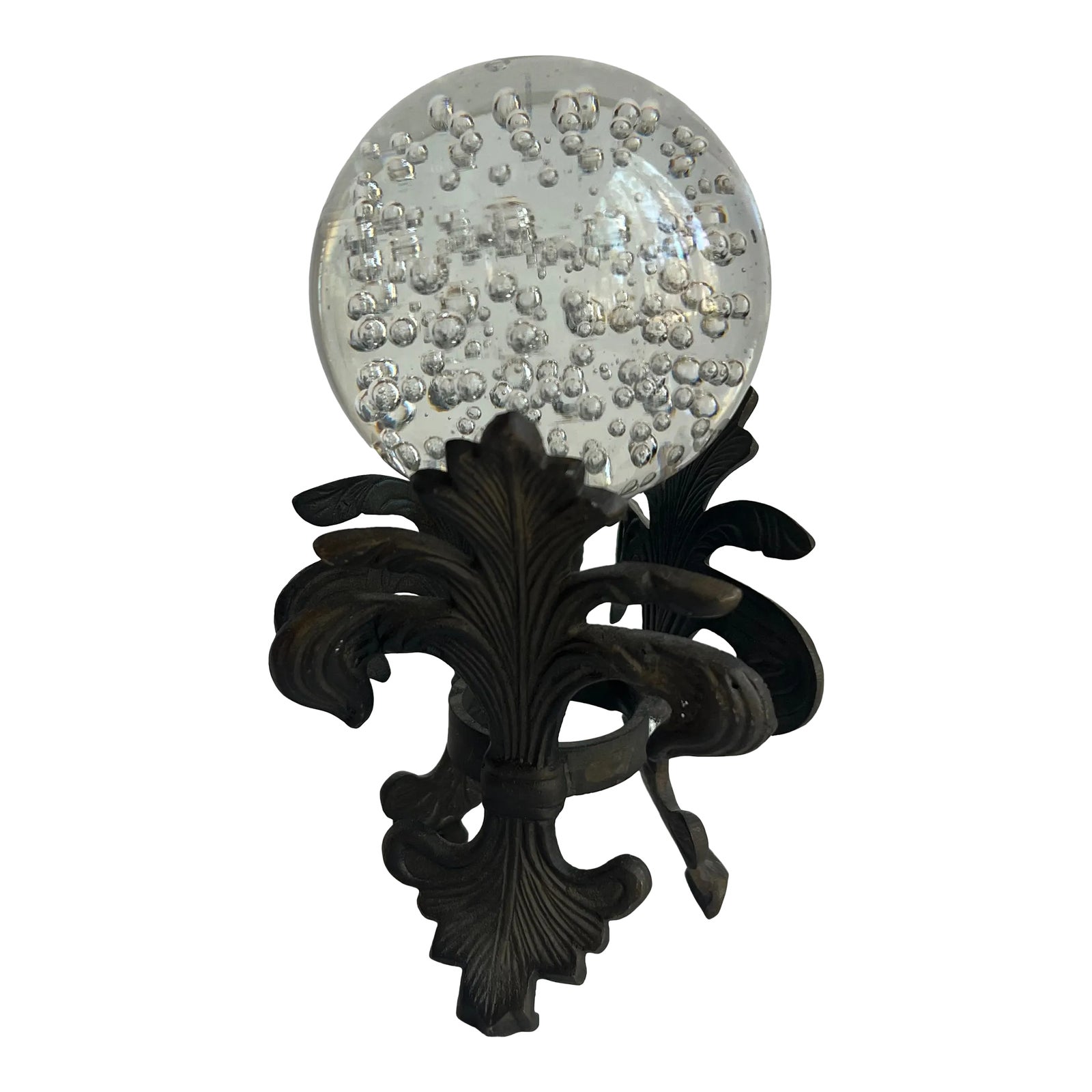 Vintage Art Glass Orb Paperweight With a Fleur De Lis Stand | Chairish