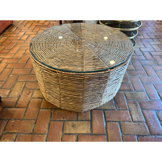 Weaved Seagrass Drum Coffee Table With Glass Top | Chairish
