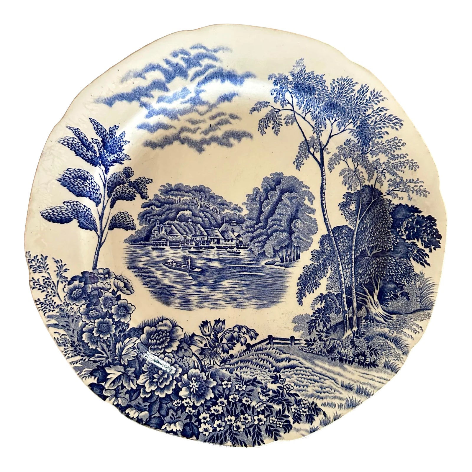 Vintage Pountney & Co the Thames at Pangbourne Blue White Plate | Chairish