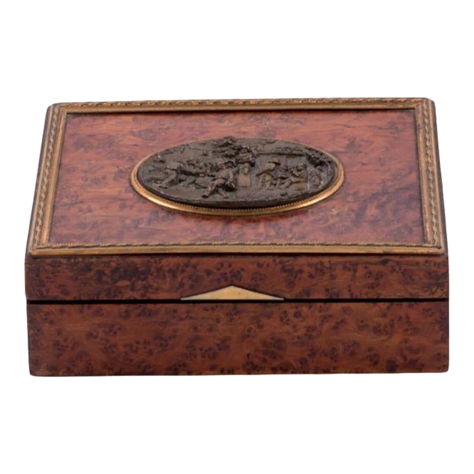 Antique Burl Walnut Cast Bronze Plaque Box. | Chairish