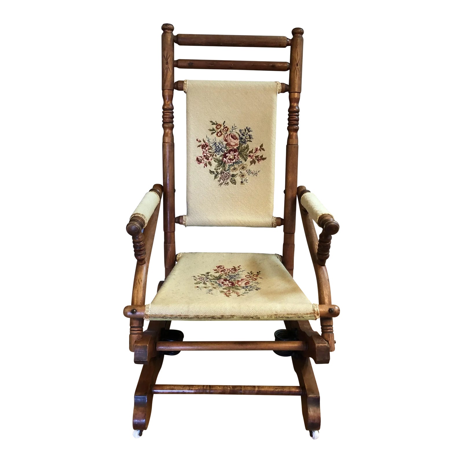 Antique American Needlepoint Platform Rocking Chair | Chairish