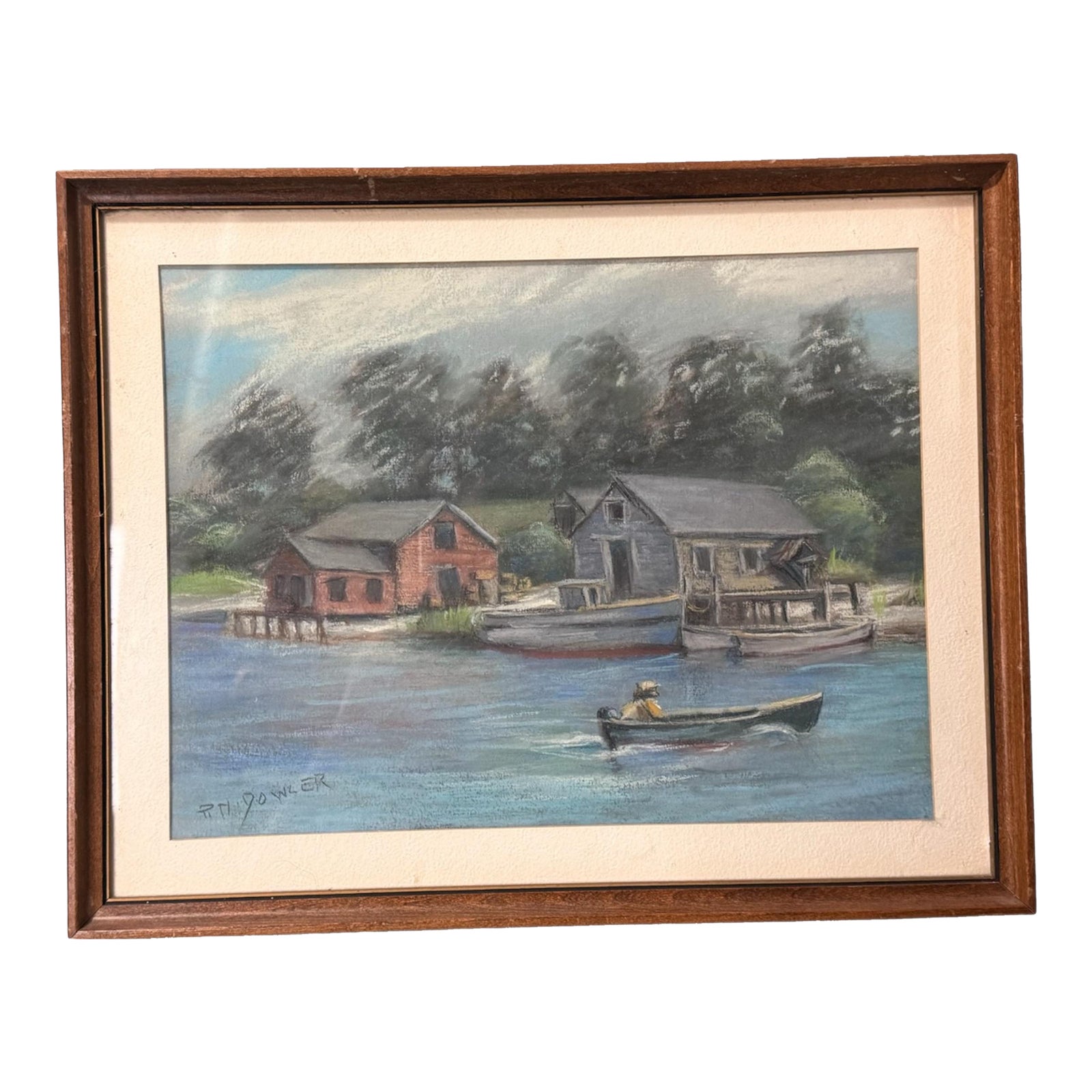 Vintage Rustic Riverside Landscape Framed Pastel Watercolor Painting ...