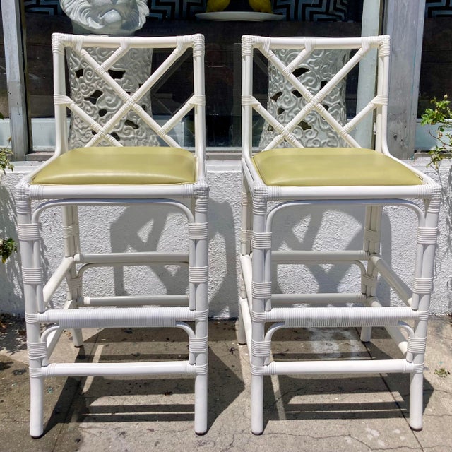 Boho Chic Rattan Chippendale Counter Stools - a Pair | Chairish