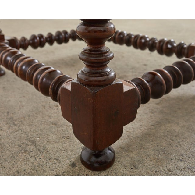 English Tudor Style Bobbin Turned Walnut Leather Bench | Chairish