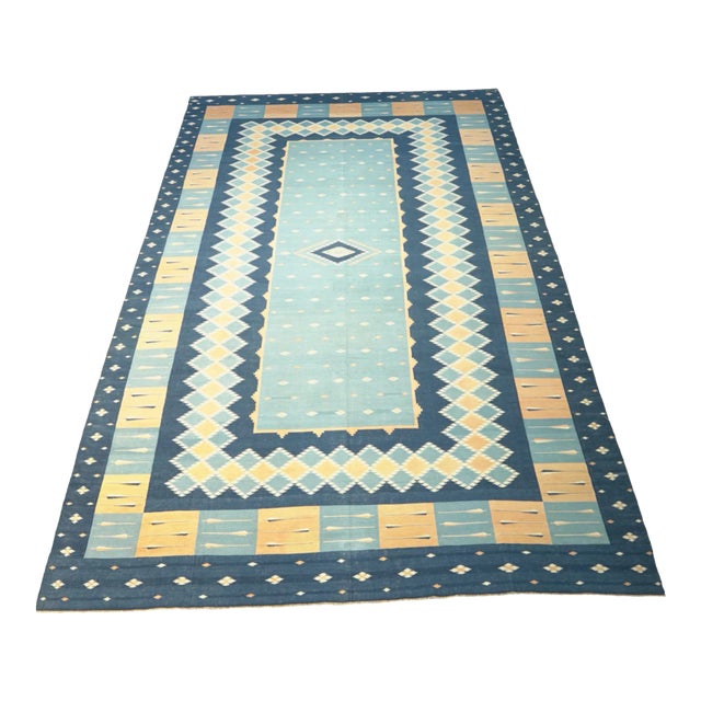 Vintage Dhurrie Rug in Blue, With Geometric Patterns, From Rug & Kilim ...