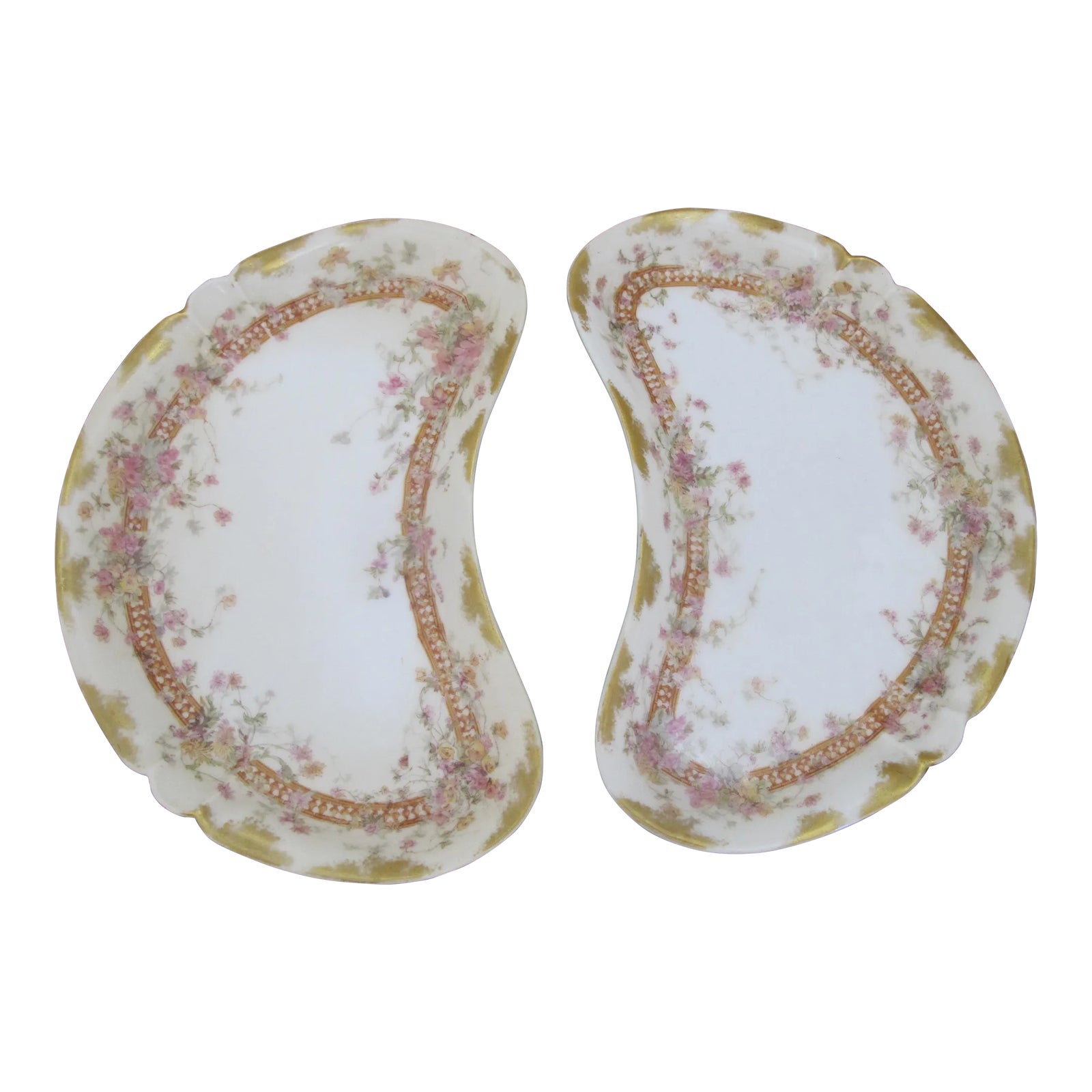 Haviland Limoges Pink & Yellow Flower Gold Trim 8 1/2" Crescent Bone ...