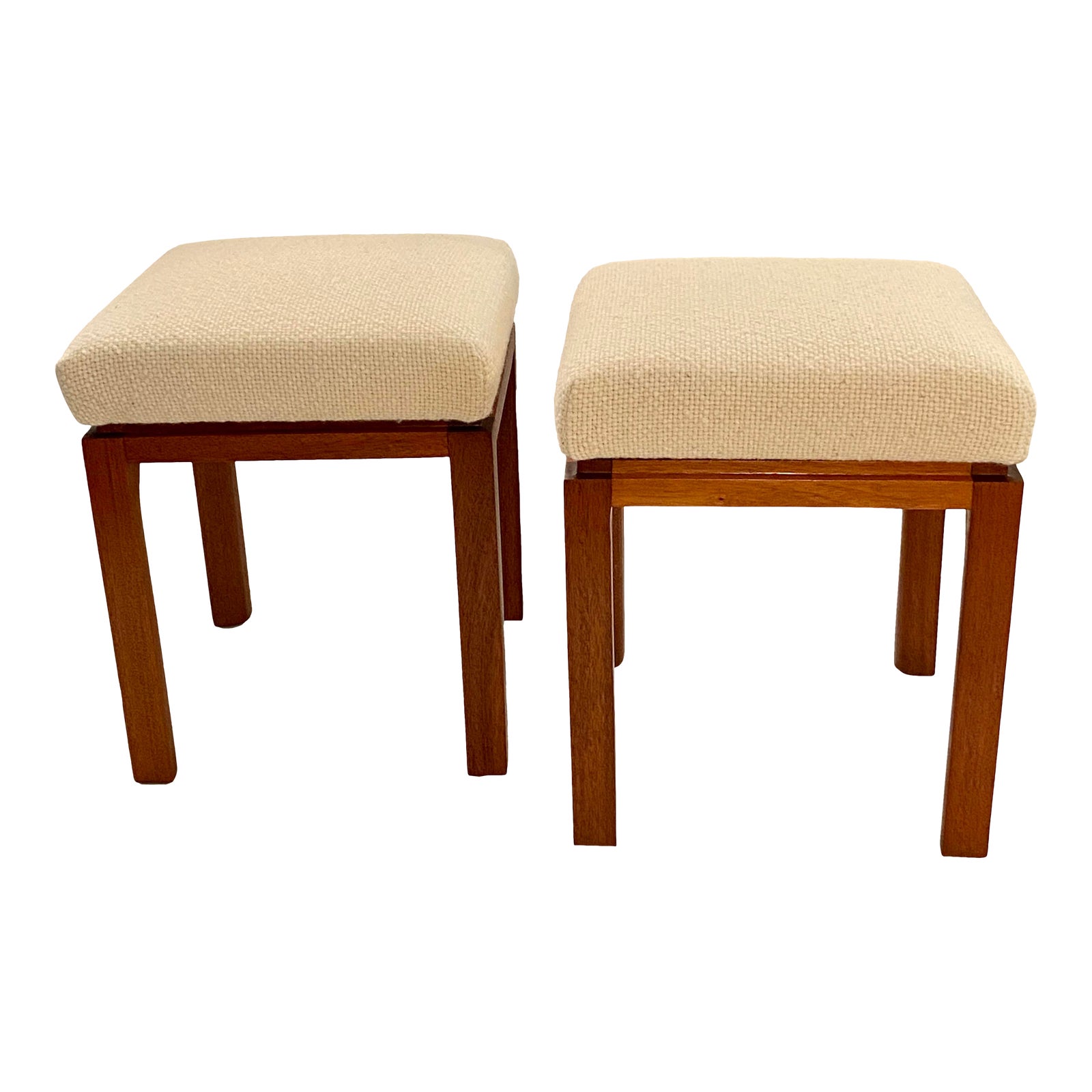 1950s Vintage Solid Mahogany Stool With Cream - a Pair | Chairish