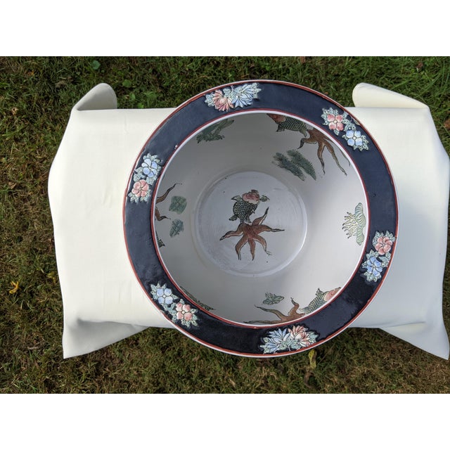 1980s Chinese Porcelain Famille Noir Lotus Planter Jardiniere With Coy ...