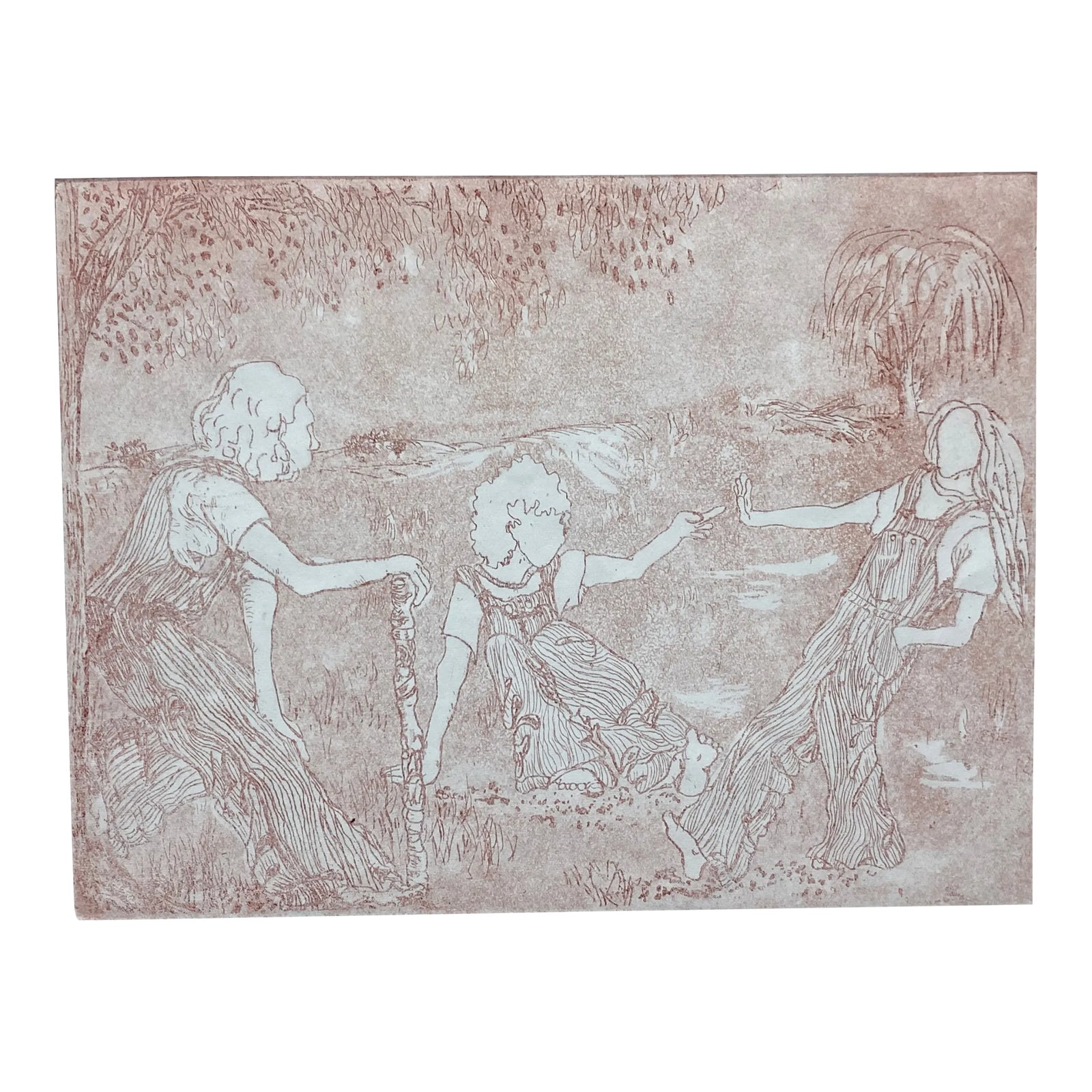 1970s Sue Cohen Figural Etching in Pink | Chairish