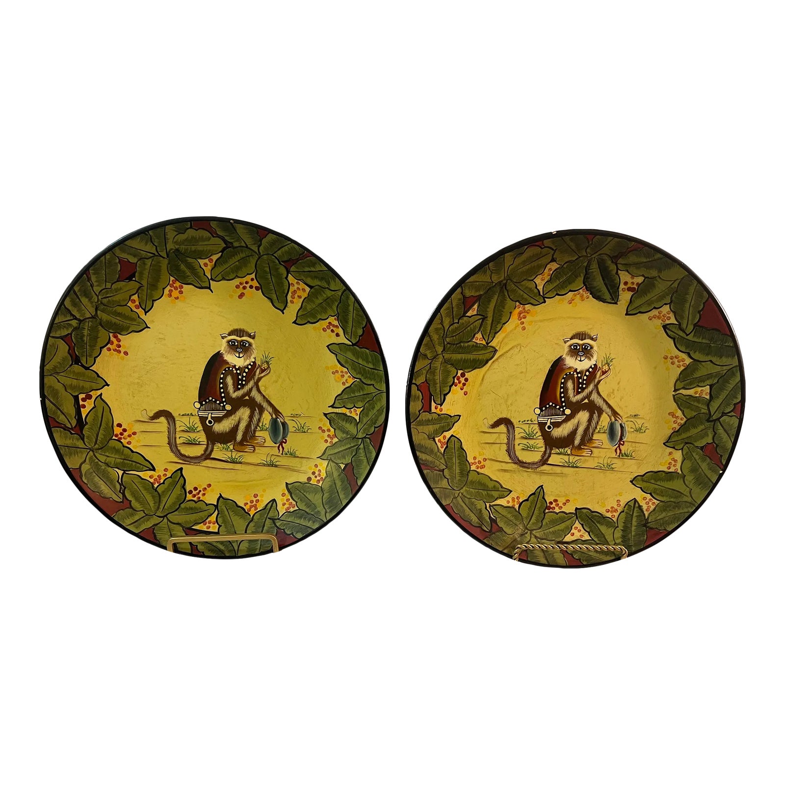 Vintage Hand Painted Monkey Decorative Plates Decor - a Pair | Chairish