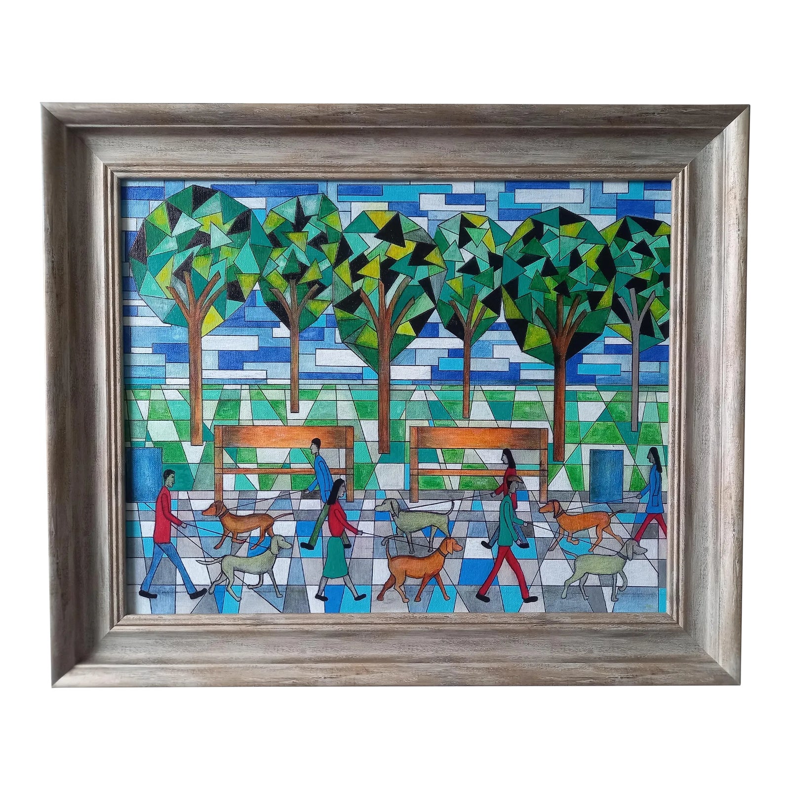 Dog Walking in the Park. Contemporary Figurative Oil Painting by ...