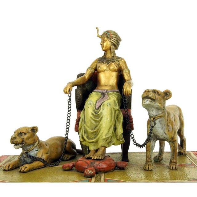 Orientalist Polychrome Bronze Pharaoh Sculpture with Lionesses | Chairish