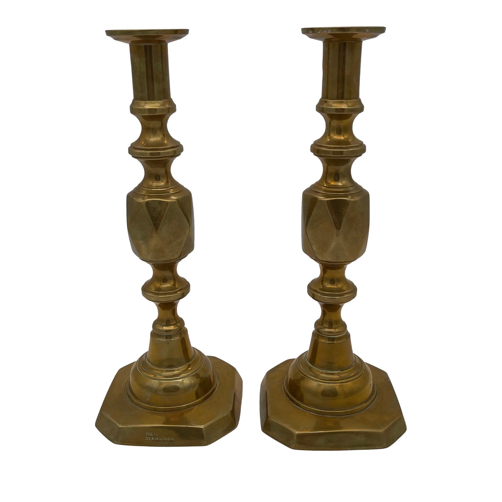 Pair of Late 19th Century Queen of Diamond Brass Candlesticks | Chairish