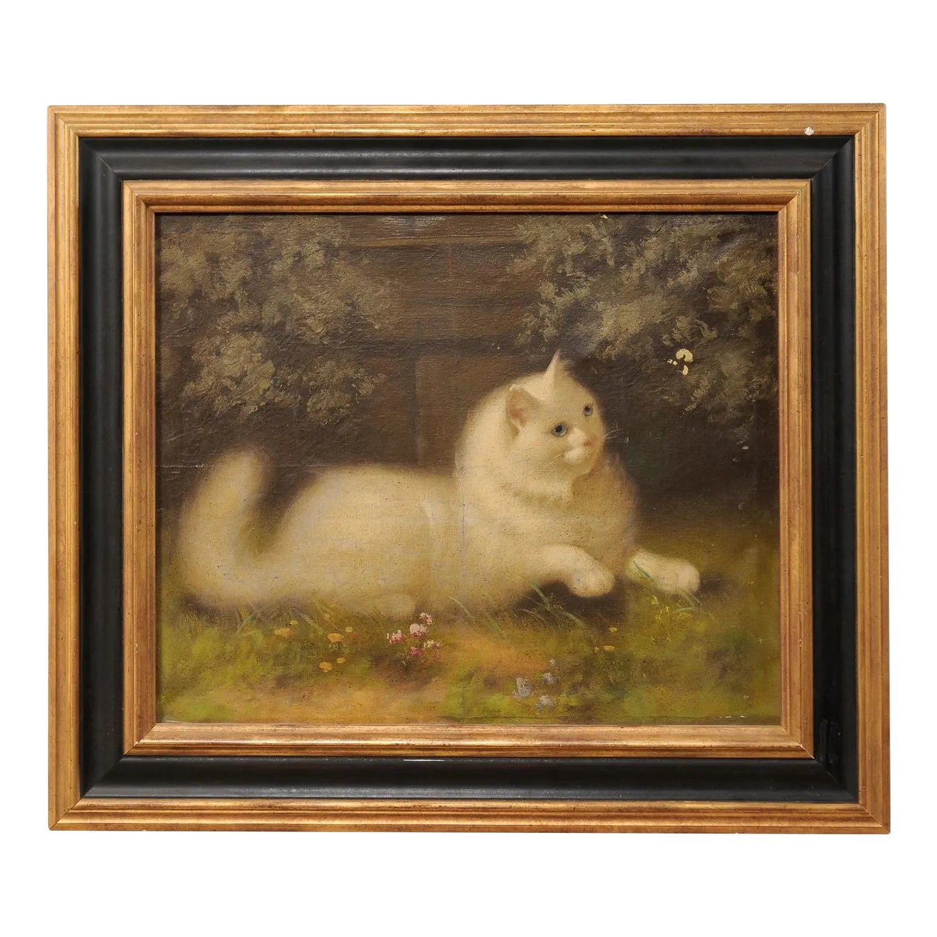Framed Oil Painting of White Cat | Chairish