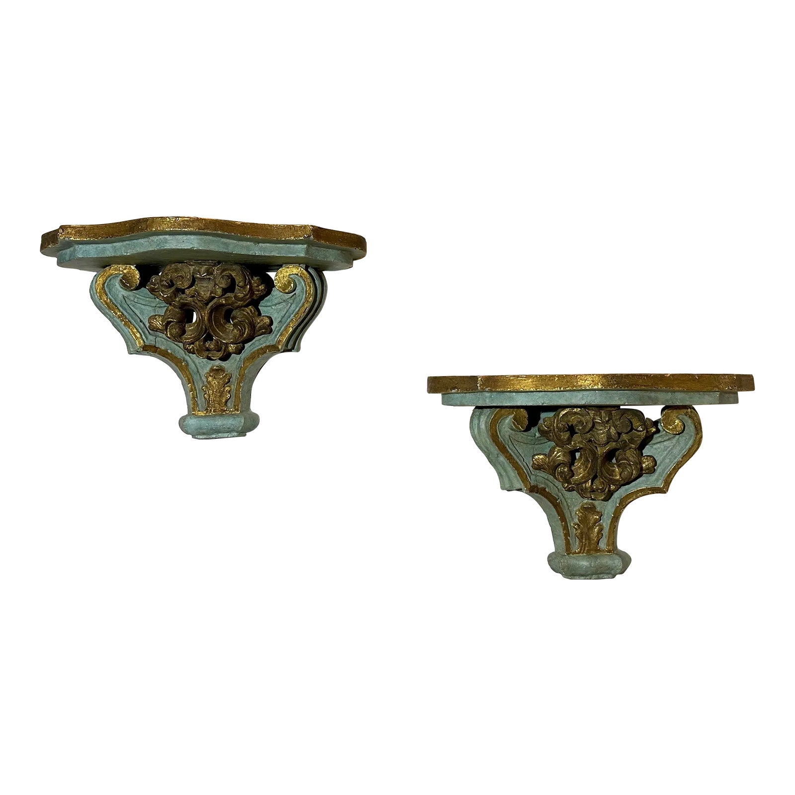 Large Vintage Gilt and Aqua Wall Brackets - a Pair | Chairish