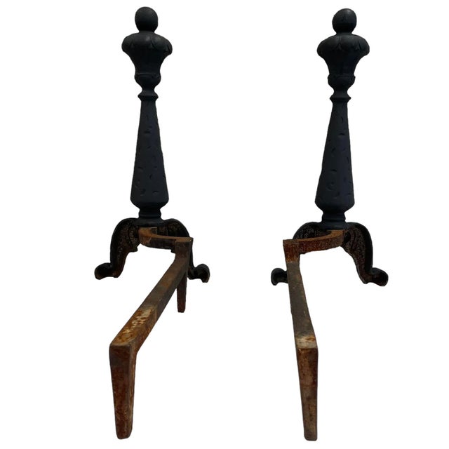 Vintage 1960s Pair of Metal & Cast Iron Fireplace Andirons | Chairish