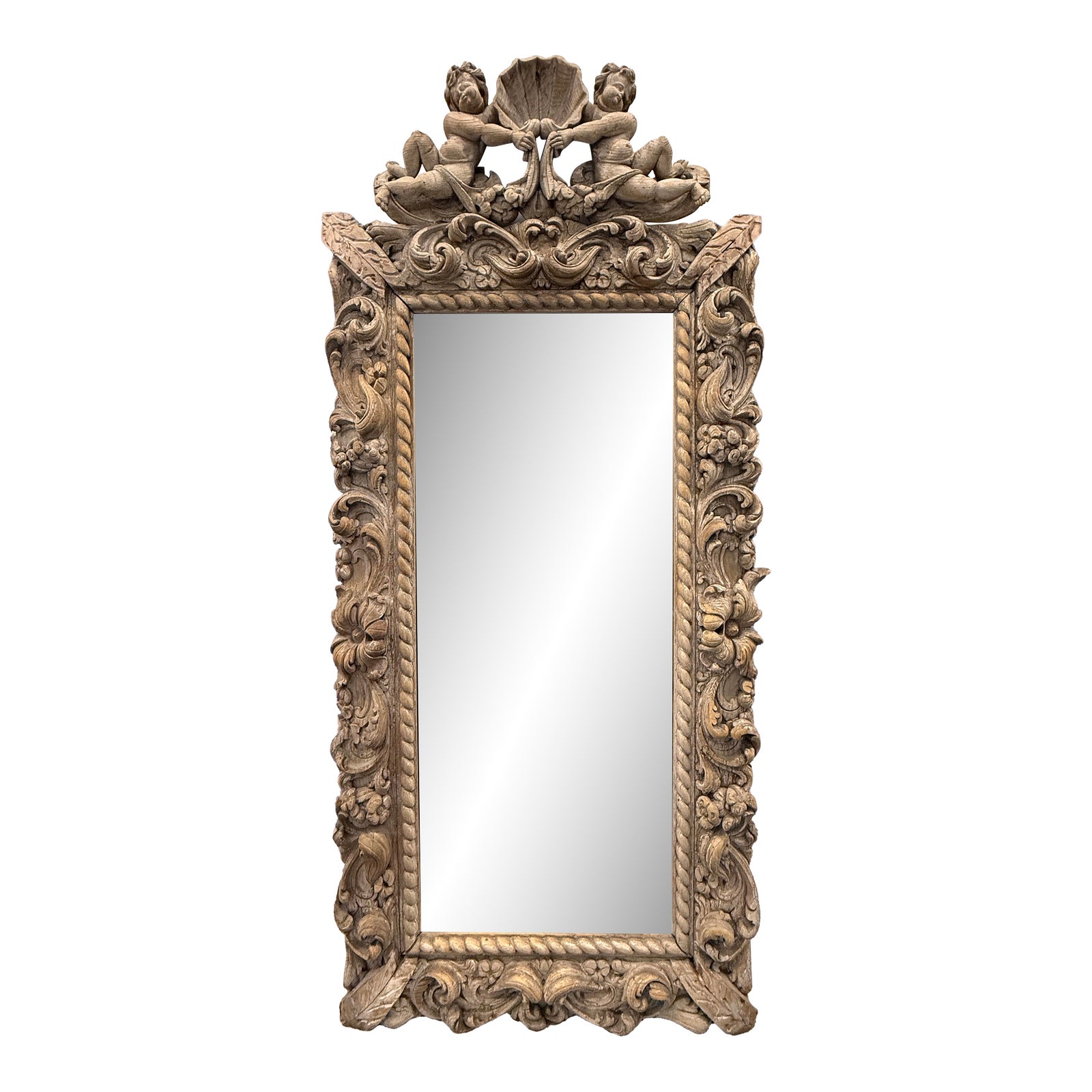 Neapolitan Baroque Carved Wood Mirror With Putti and Shell Crest C ...