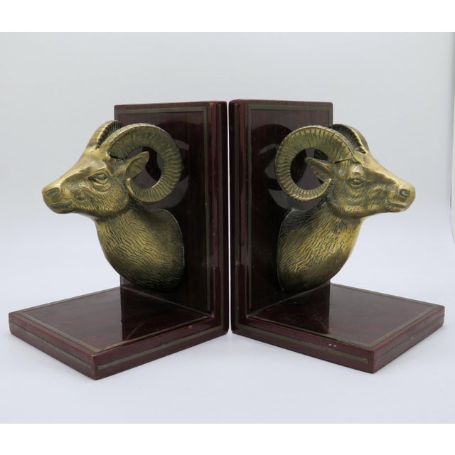 Brass Ram's Head & Wood Bookends -- a Pair | Chairish