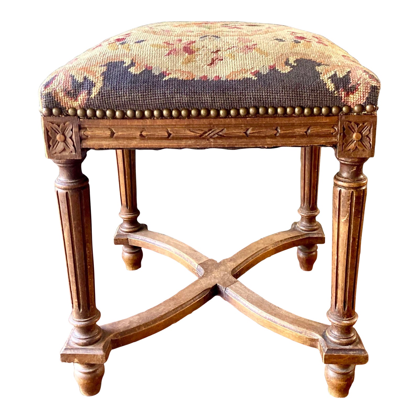 1920s Old Carved Walnut French Tapestry Stool | Chairish