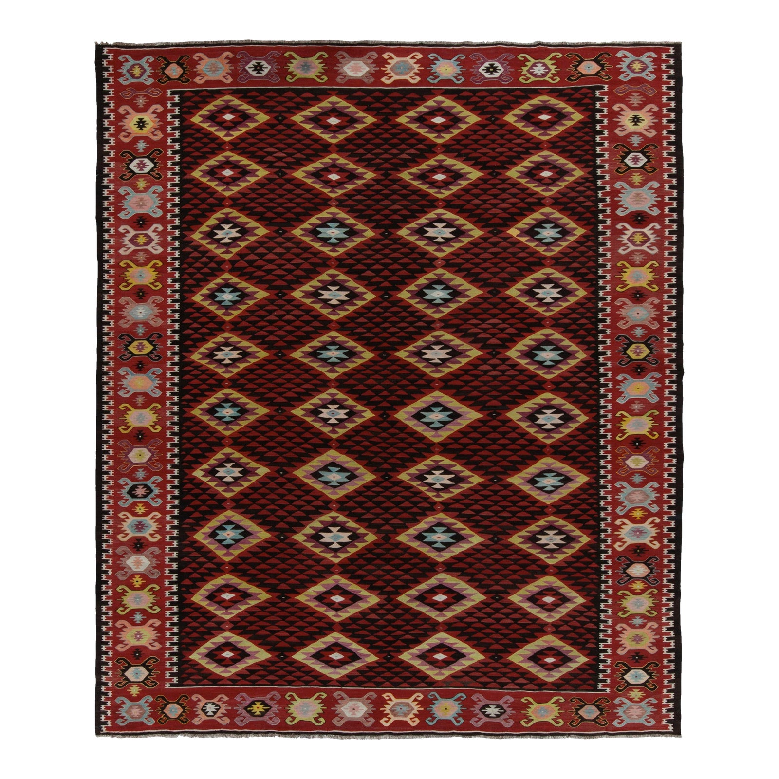 1920s Vintage Macedonian Kilim in Red, Black and Pink Tribal Geometric ...