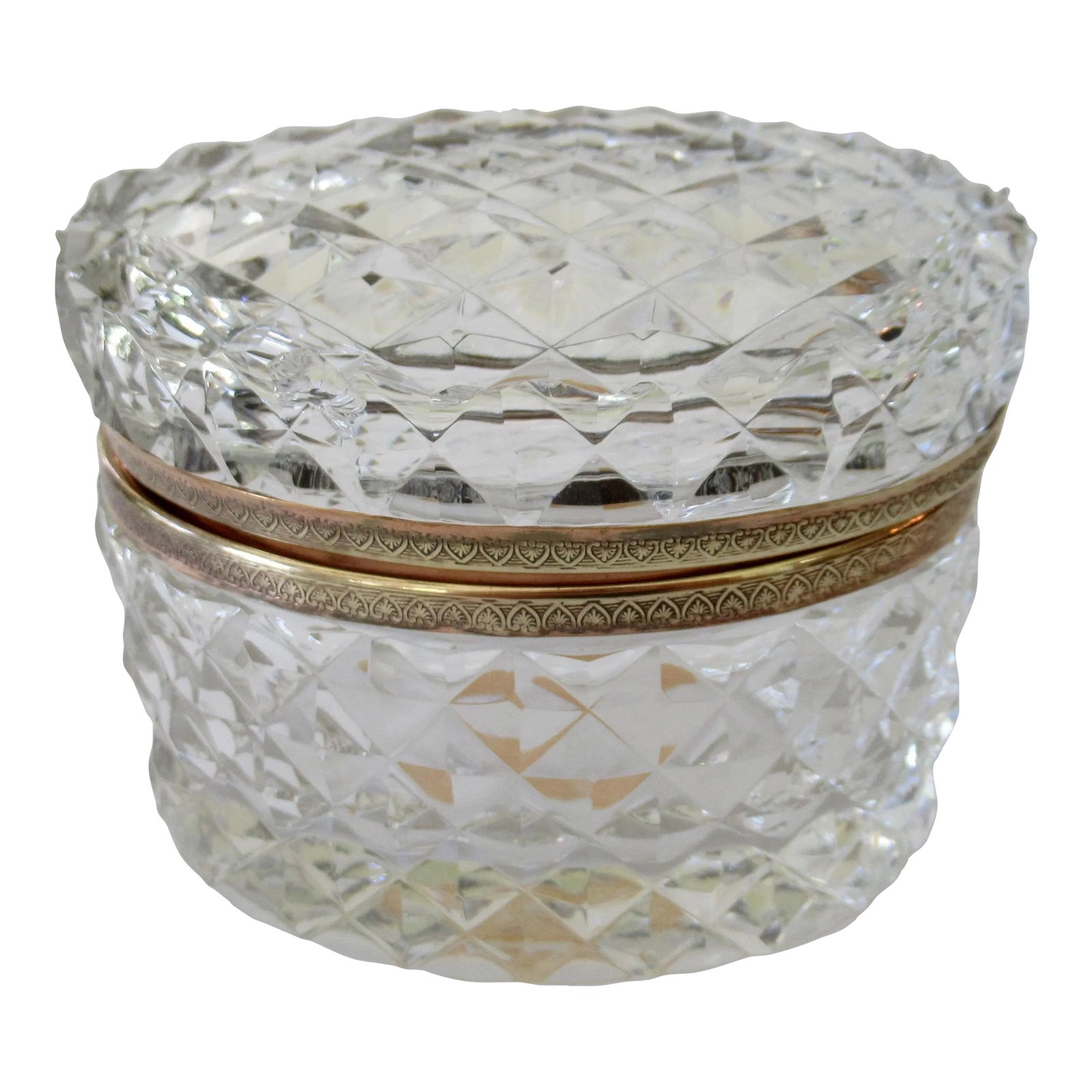 Vintage Hand-Cut & Beveled Crystal Glass & Brass Oval-Shaped Lidded ...