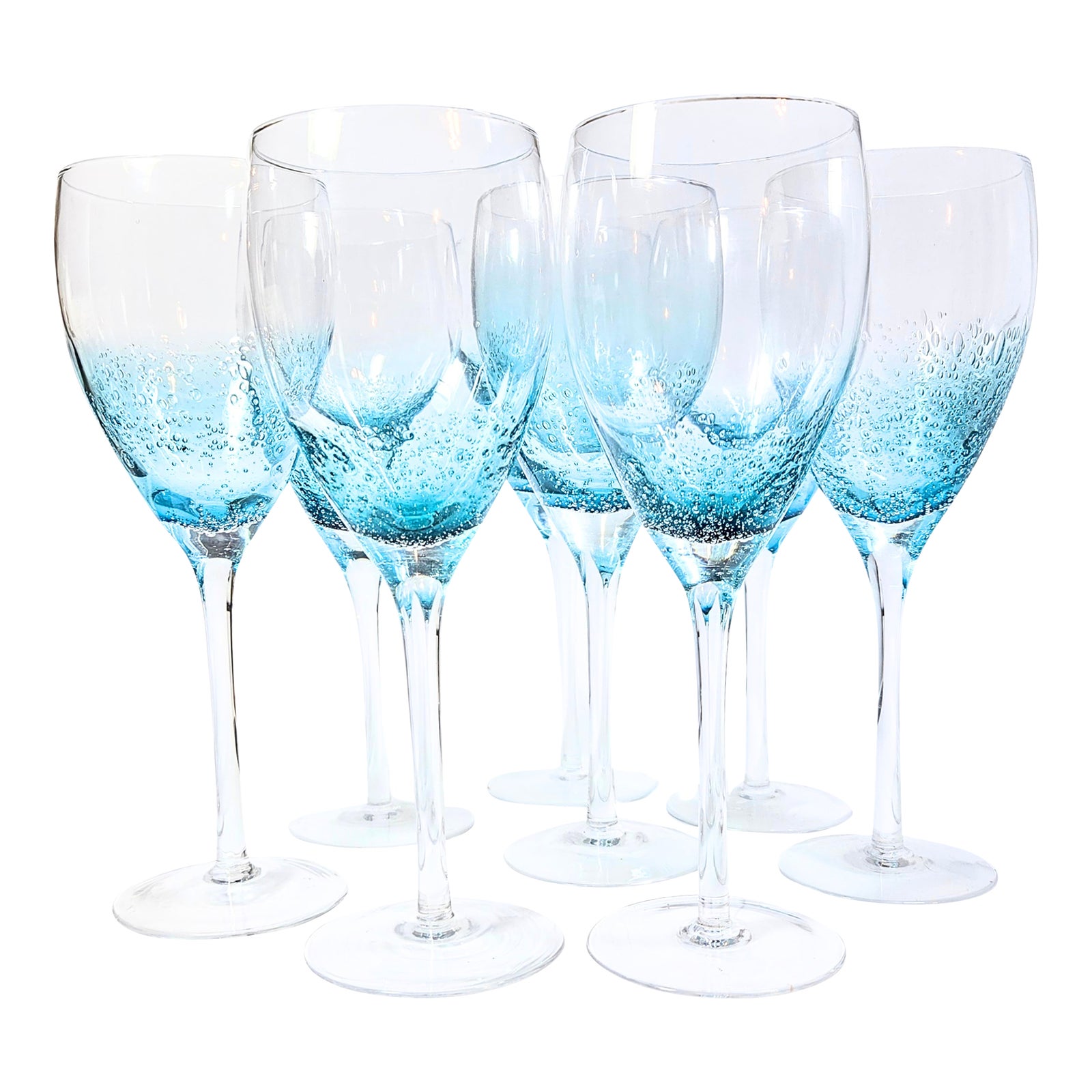 Bubbled Turquoise Ocean Goblets- Set of Eight | Chairish