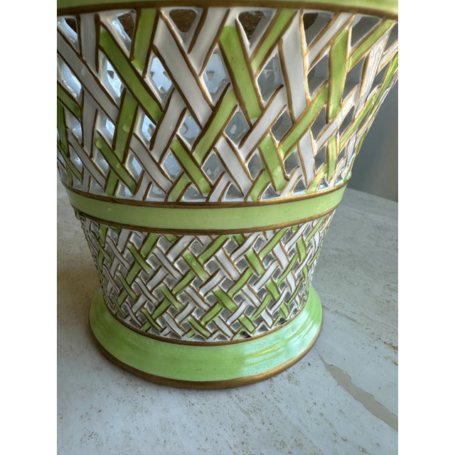 Italian Green and White Palm Beach Style Ceramic Cache Pot Planter ...
