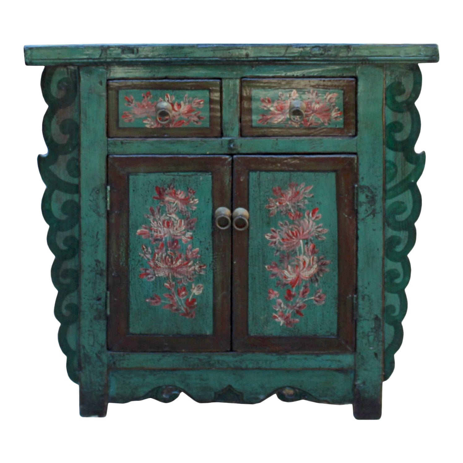 Chinese Distressed Green & Brown Flower Graphic Table Cabinet | Chairish