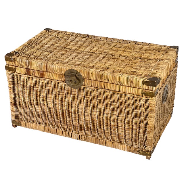 Vintage 1970s Handwoven Chinoiserie Wicker Trunk Blanket Chest W/ Brass ...
