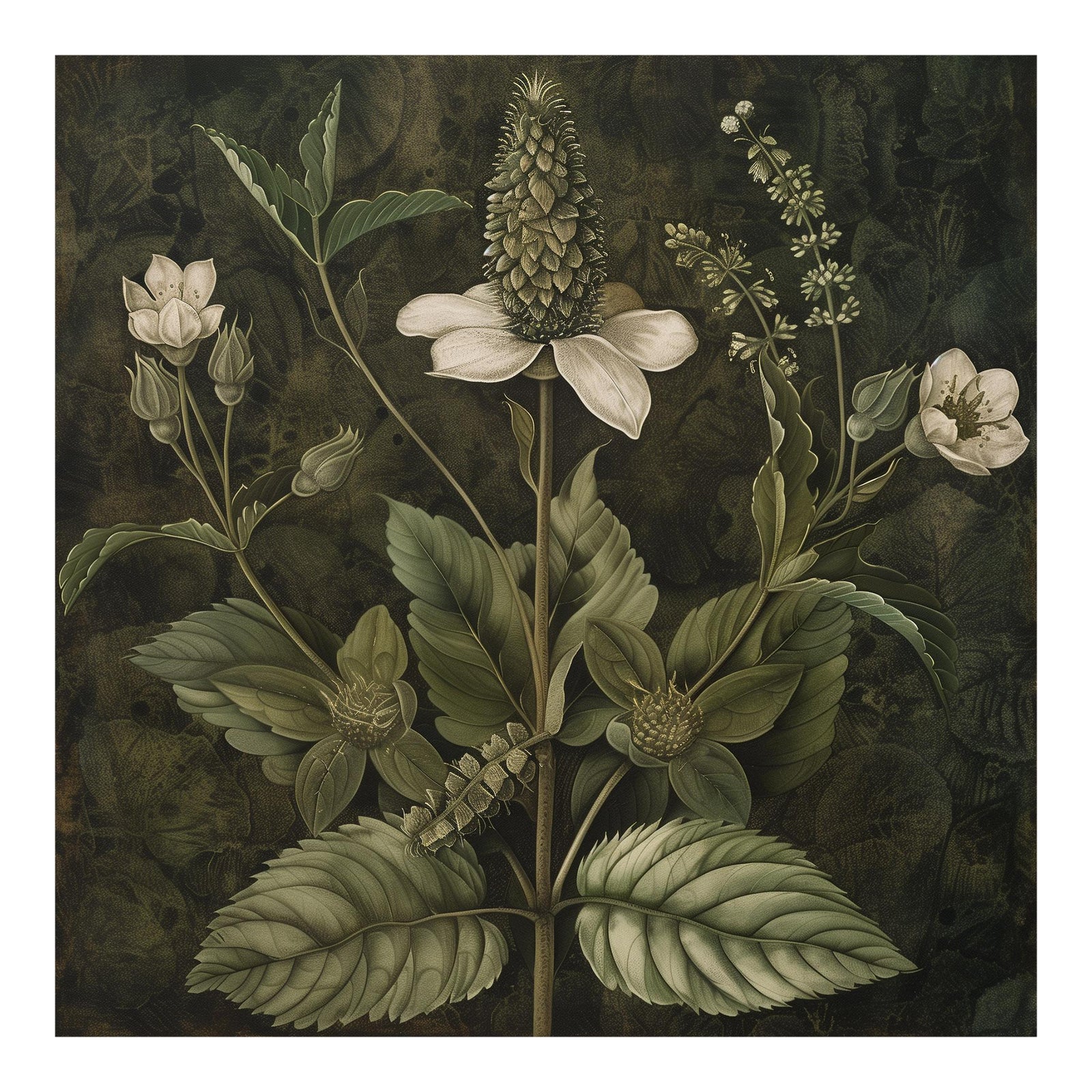 20' X 20' Original Botanical Print - Dark Green Grisaille | Chairish