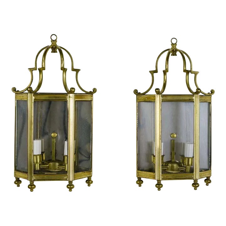 Pair of Mid 20th Century Traditional 2 Light Brass Nickel 3 Glass Panel ...