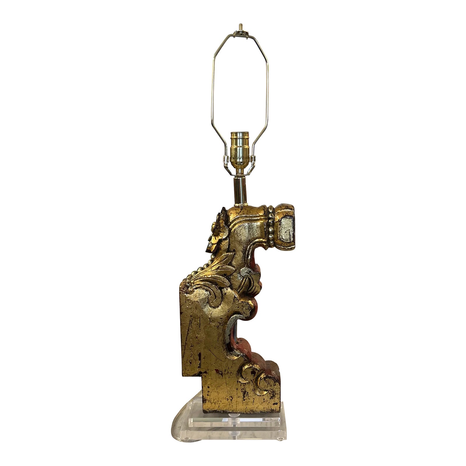 Antique Gilt Architectural Elelement Lamp on Custom Lucite Base | Chairish
